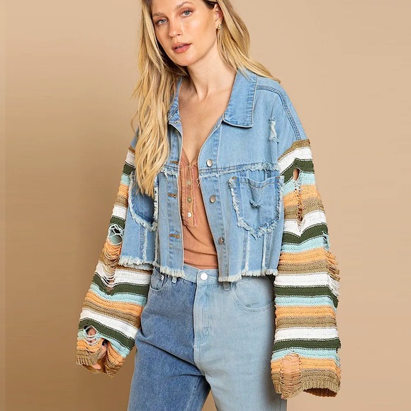 BiBi | Jackets & Coats | Bibi Blue Stripe Knit Sweater Sleeved Denim ...
